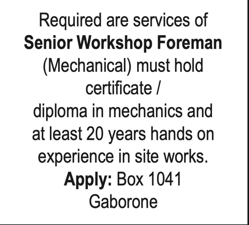 Senior Workshop Foreman :: Mmegi Online