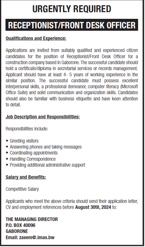 RECEPTIONIST/FRONT DESK OFFICER :: Mmegi Online