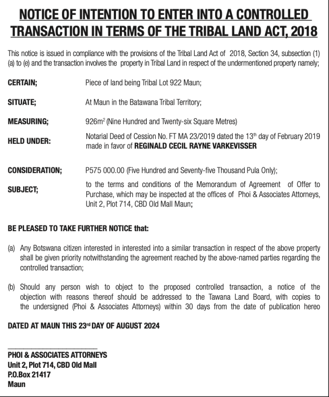NOTICE OF INTENTION TO ENTER INTO A CONTROLLED TRANSACTION :: Mmegi Online