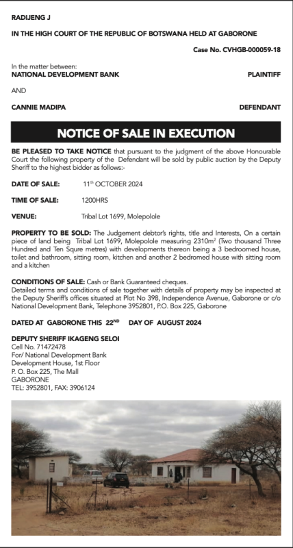 NOTICE OF SALE IN EXECUTION :: Mmegi Online