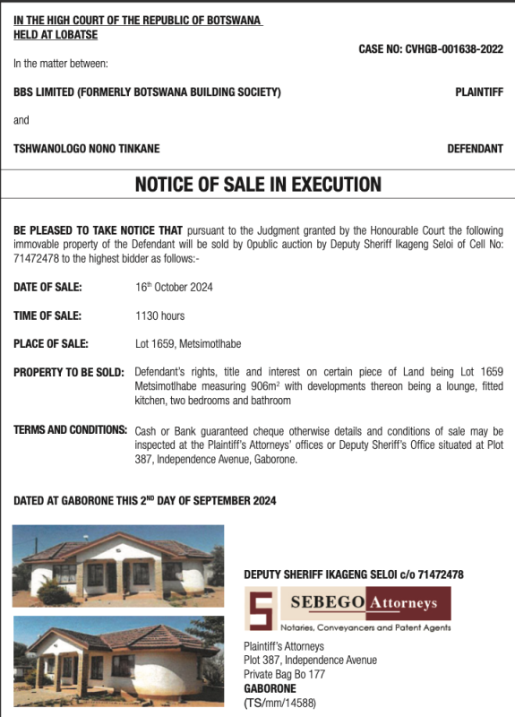 NOTICE OF SALE IN EXECUTION :: Mmegi Online