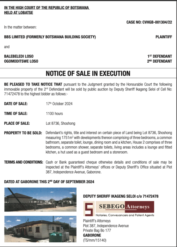 NOTICE OF SALE IN EXECUTION :: Mmegi Online