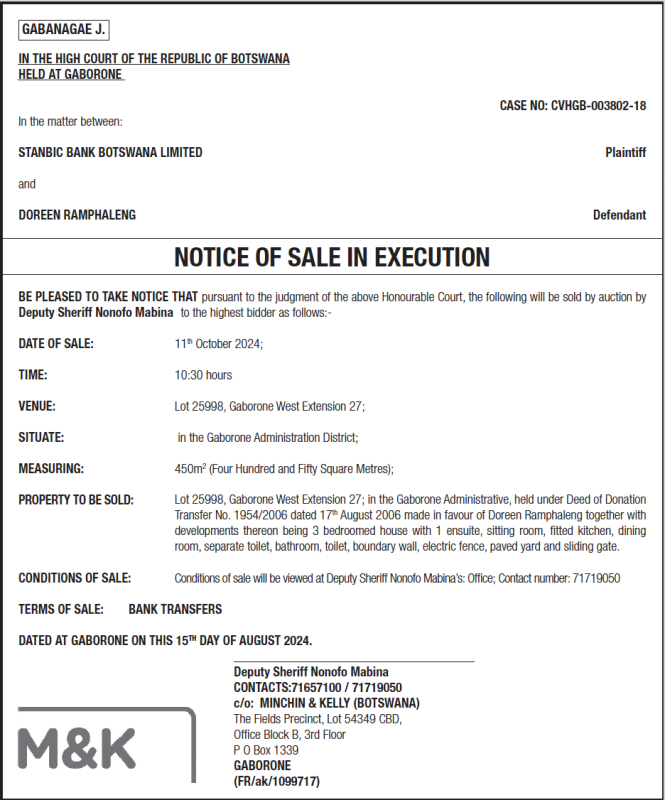 NOTICE OF SALE IN EXECUTION :: Mmegi Online