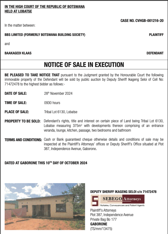 NOTICE OF SALE IN EXECUTION :: Mmegi Online