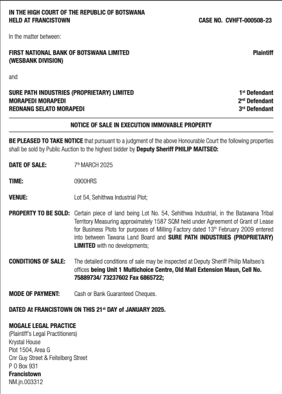 Notice of Auction: Industrial Plot in Sehithwa on 7 March :: Mmegi Online