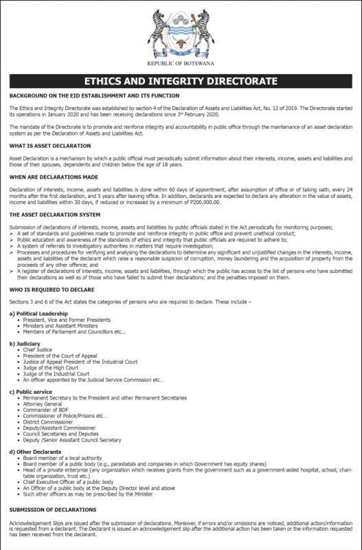 Ethics and Integrity Directorate: Asset Declaration System :: Mmegi Online
